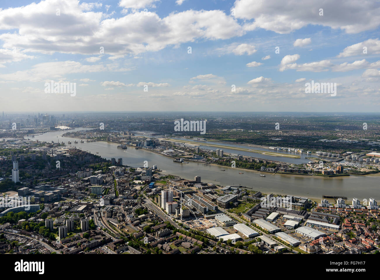 An aerial view of London, looking from Woolwich towards City Airport ...