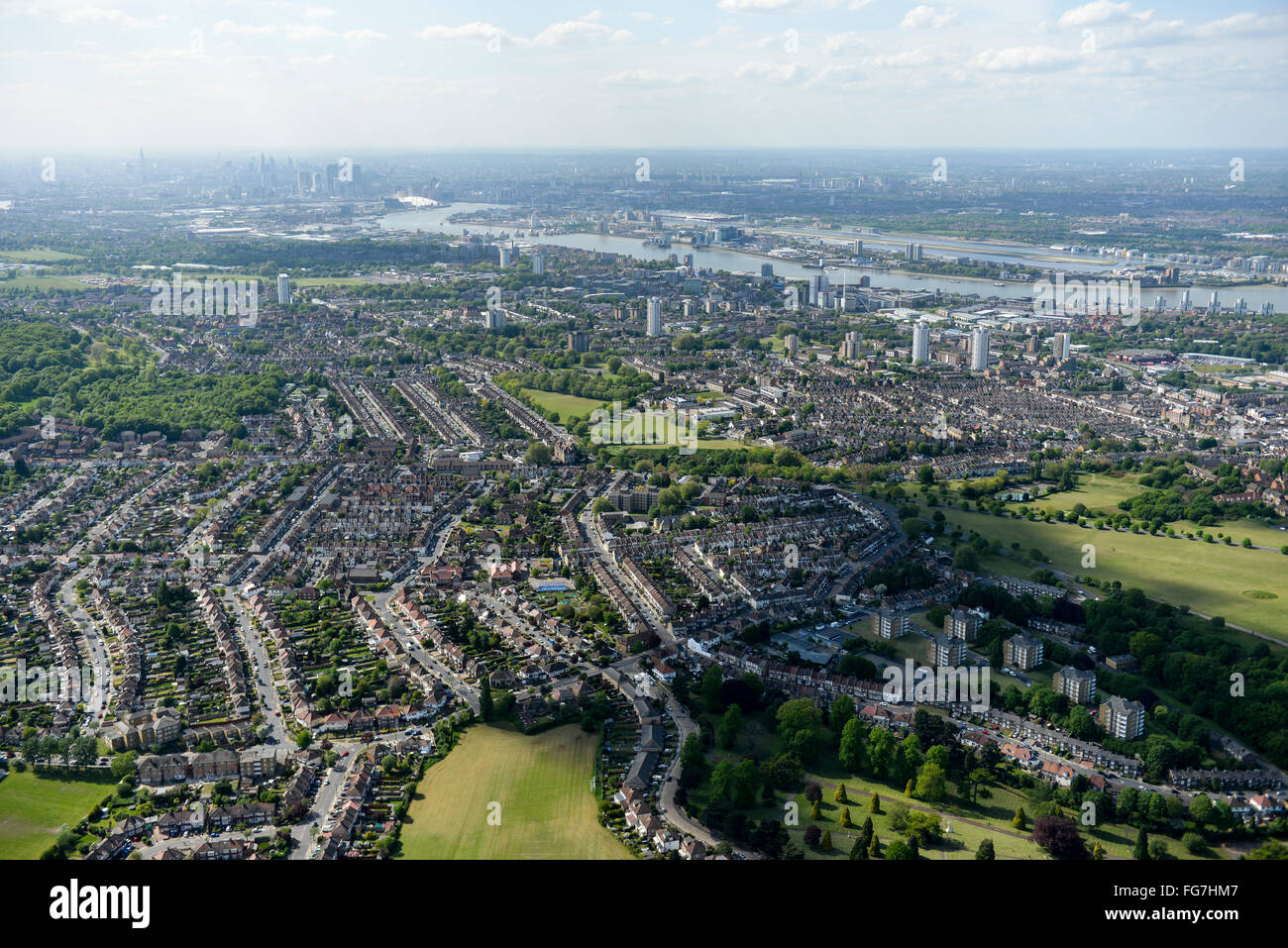 An aerial view of the areas of Woolwich and Shooters Hill, South London ...