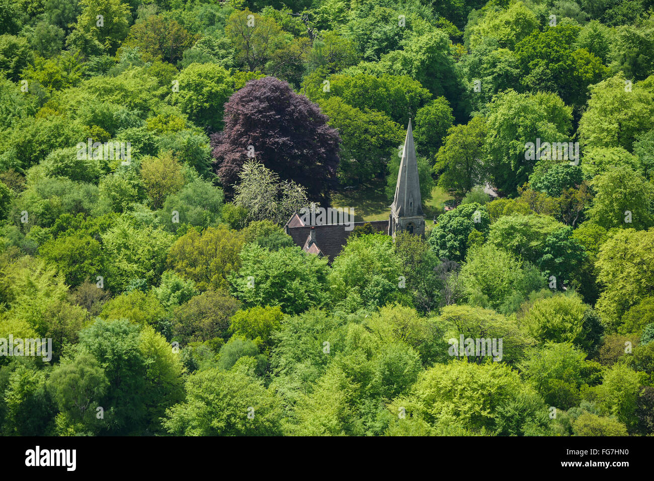 An aerial view of the spire of Loughton High Beach Church poking ...