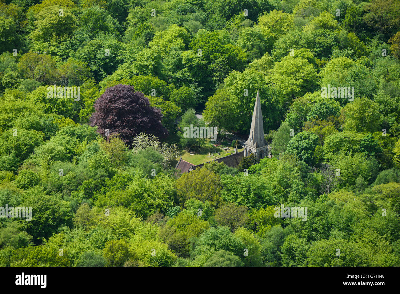 An aerial view of the spire of Loughton High Beach Church poking ...