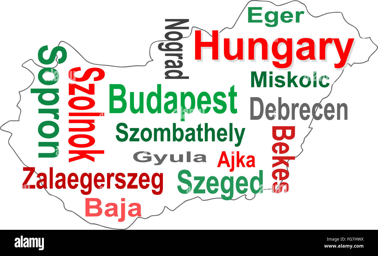 hungary map and words cloud with larger cities Stock Photo - Alamy