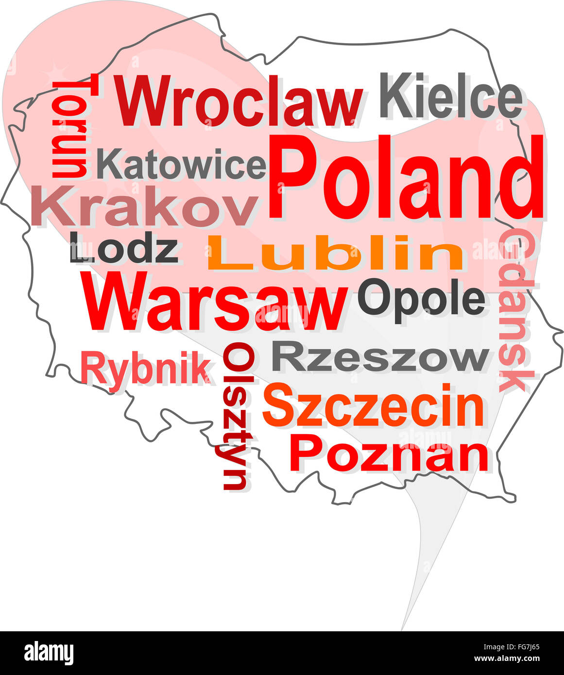 poland map and words cloud with larger cities Stock Photo - Alamy