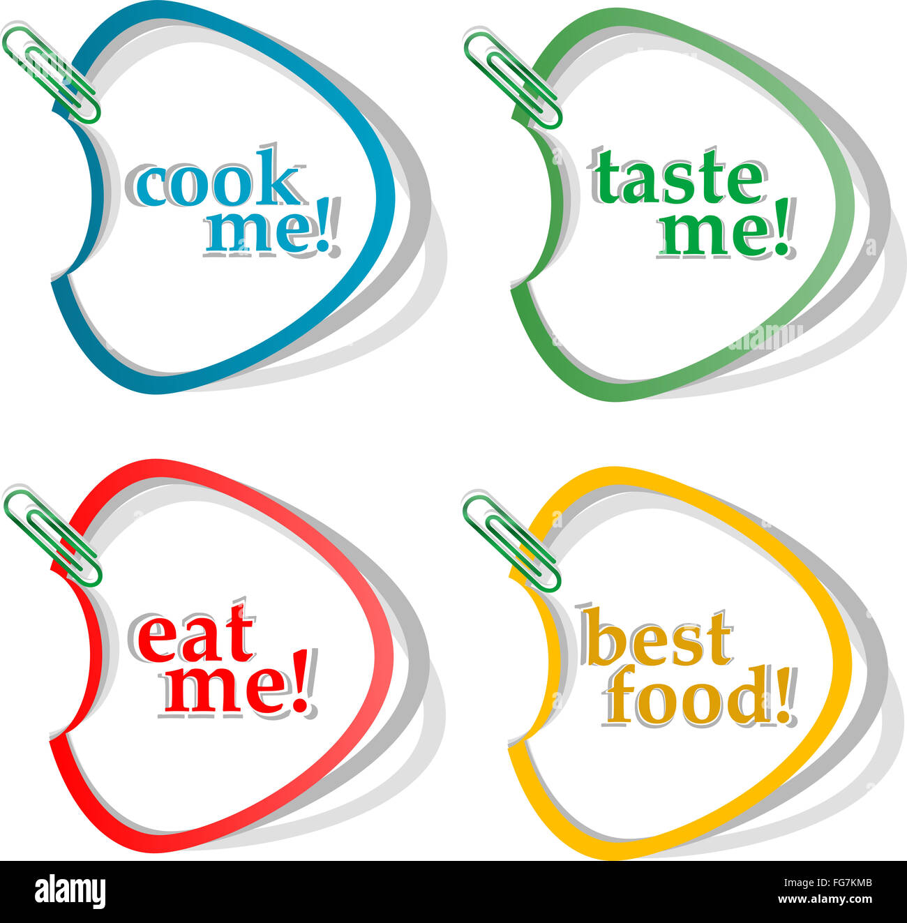 Eat me, taste me, cook me and best food stickers. Vector set Stock ...