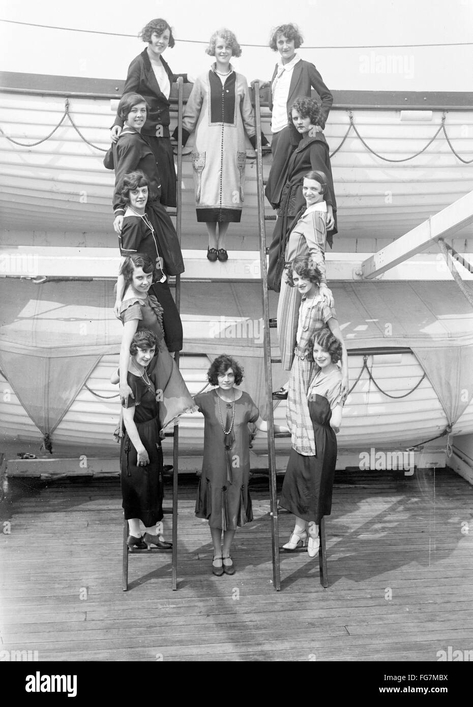 TILLER GIRLS, c1920. /nThe Tiller Girls posing aboard a ship ...