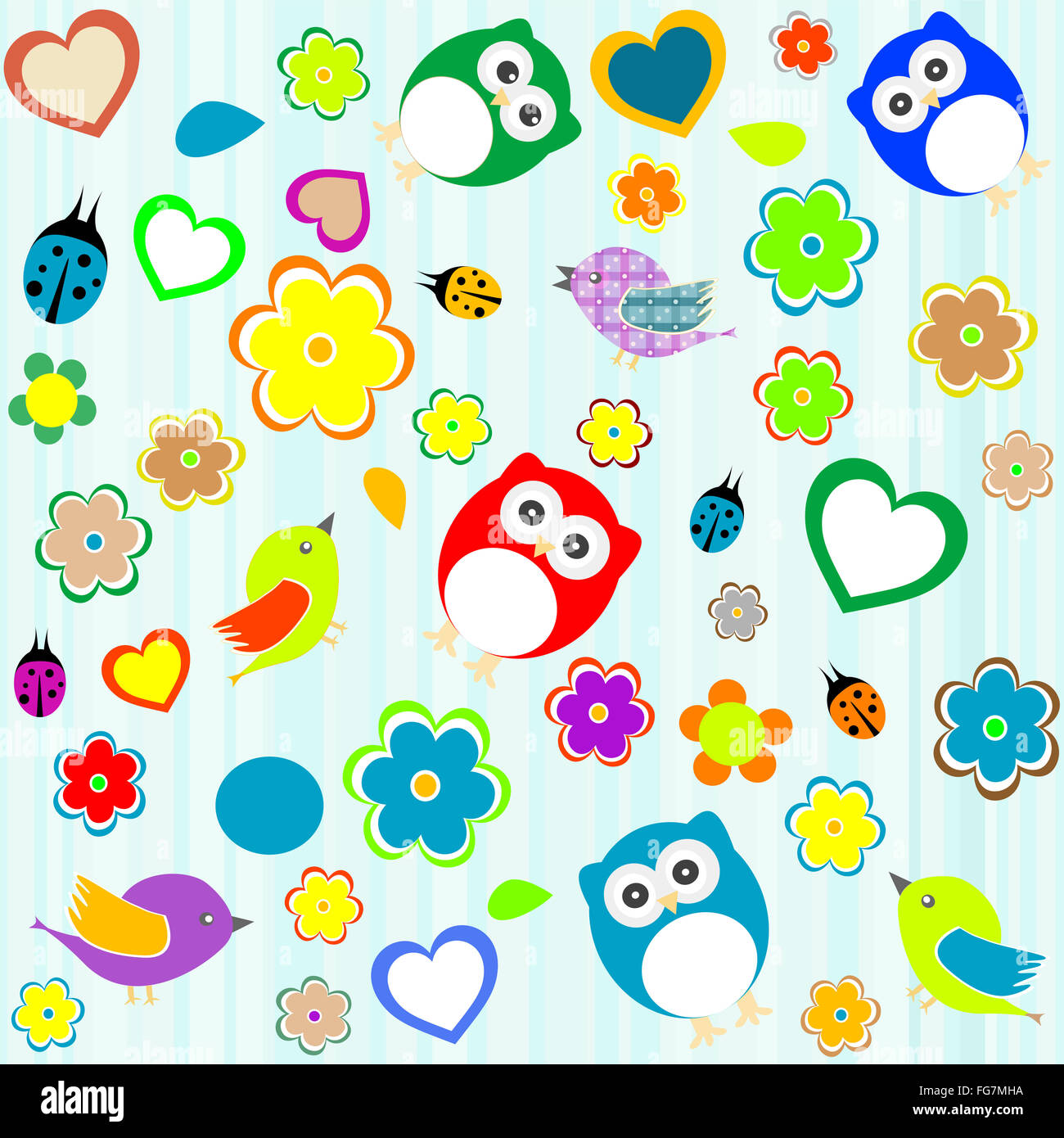 Set of summer nature elements: owls, birds, flowers Stock Photo - Alamy