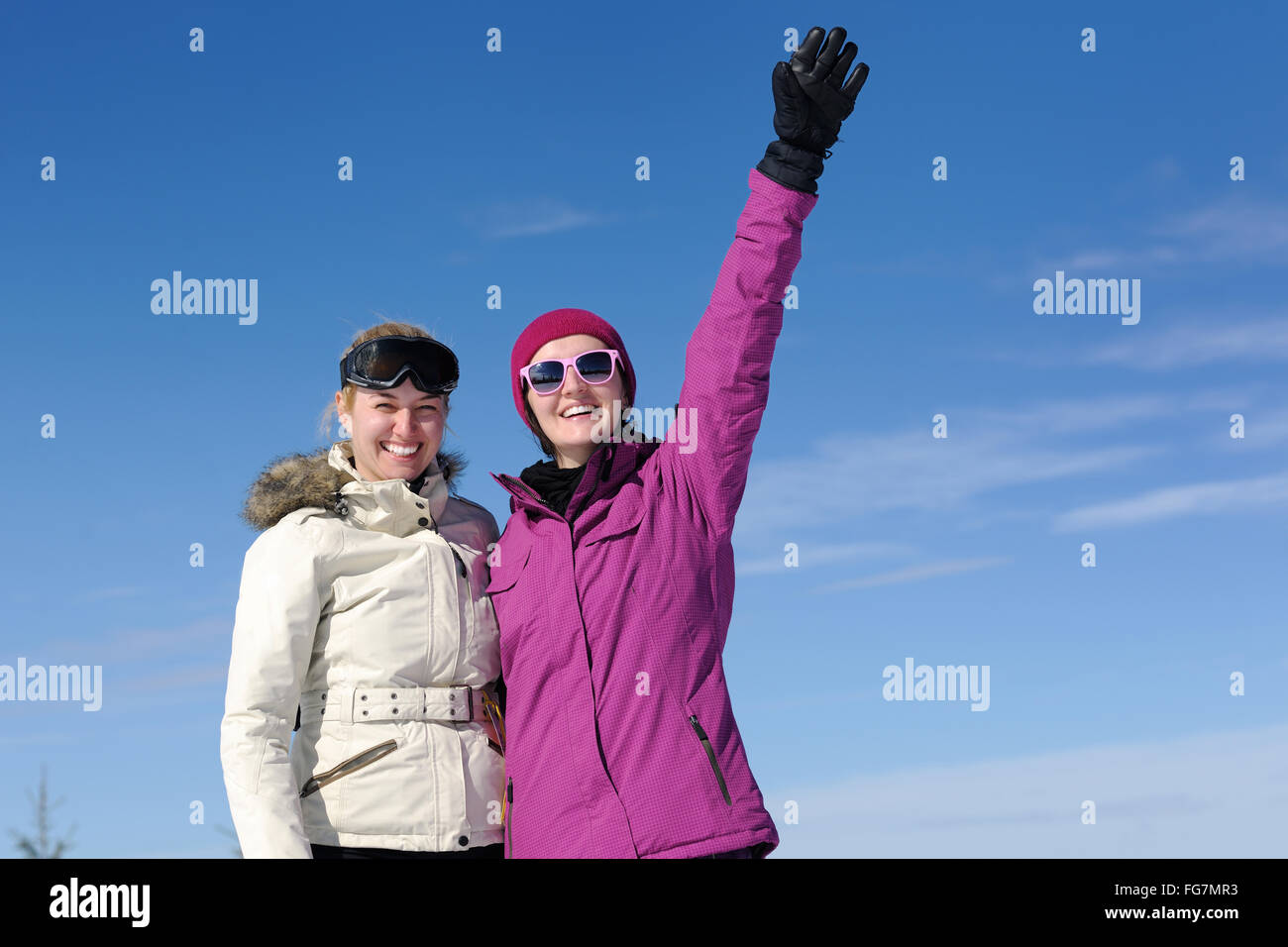 winter season fun with group of girls Stock Photo - Alamy