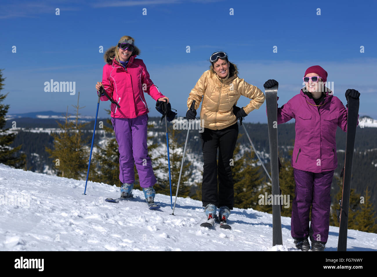 winter season fun with group of girls Stock Photo - Alamy