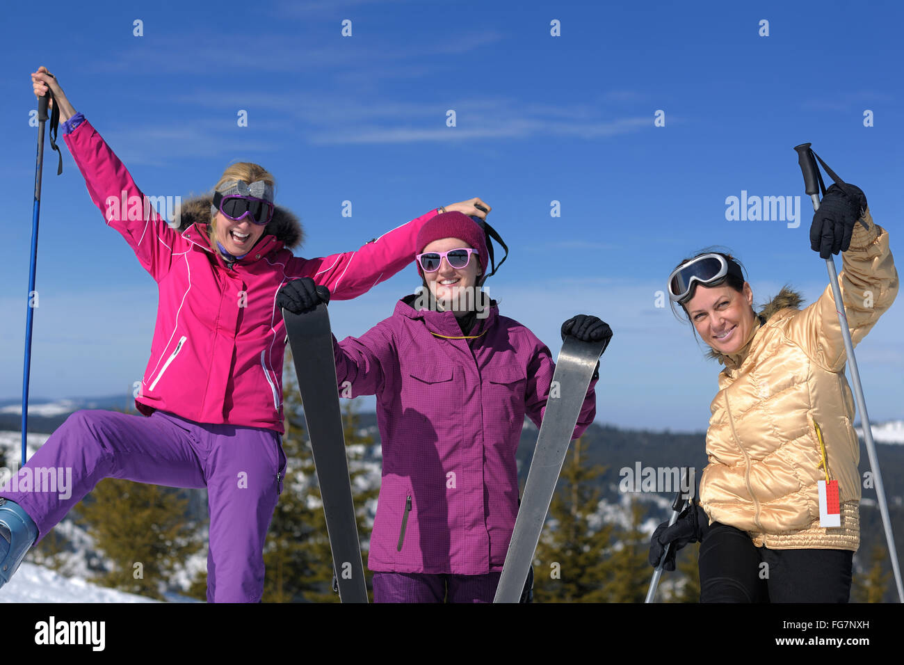 winter season fun with group of girls Stock Photo - Alamy