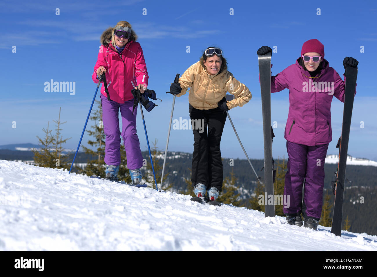 winter season fun with group of girls Stock Photo - Alamy