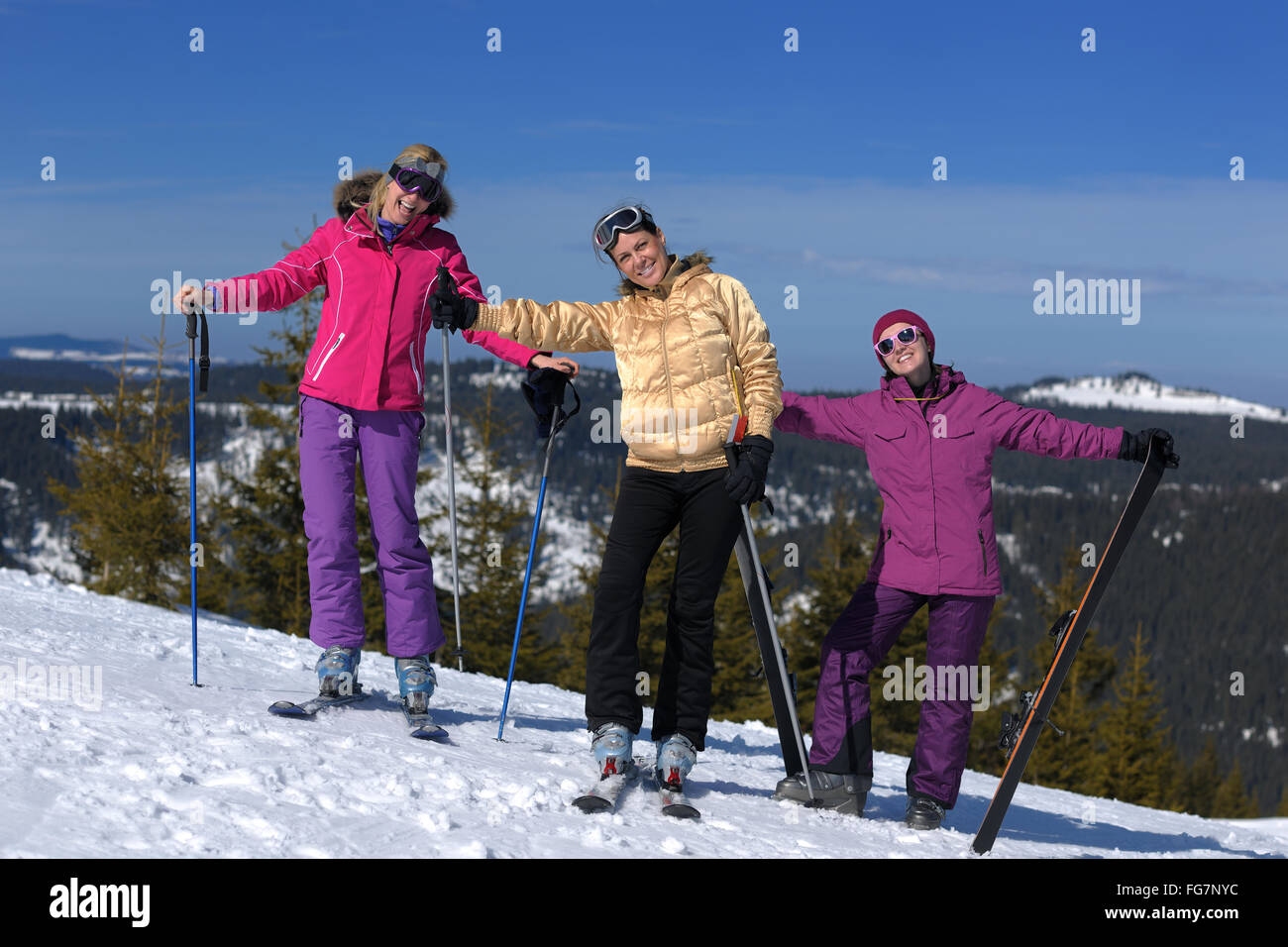 winter season fun with group of girls Stock Photo - Alamy