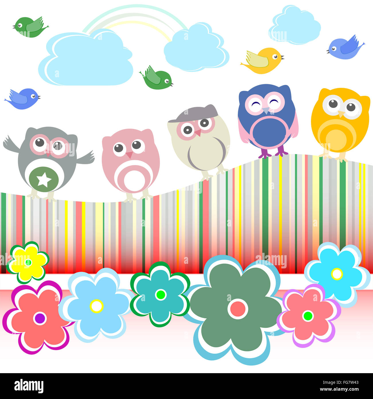 Vector set - owls, birds, flowers, cloud and rainbow Stock Photo - Alamy