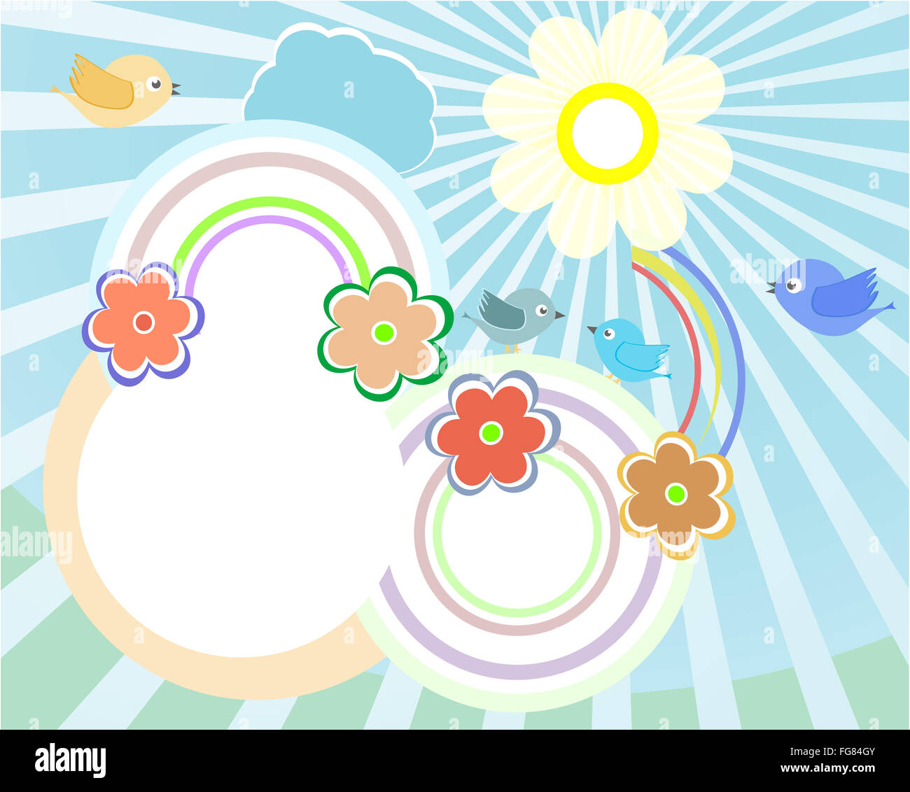 Good weather background. Blue sky with clouds, birds and flowers Stock ...