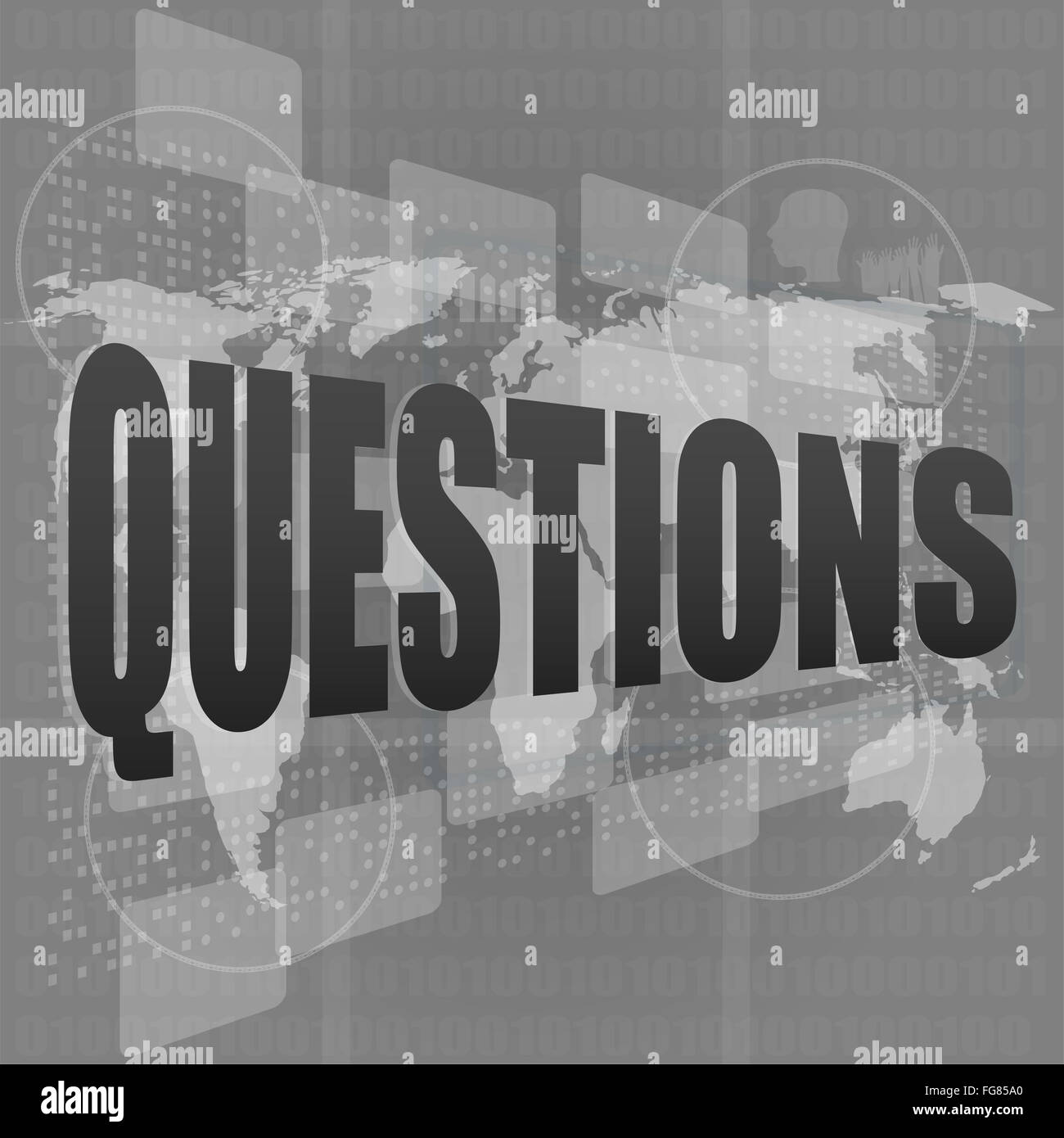 Pixeled word questions on digital screen with world map Stock Photo - Alamy