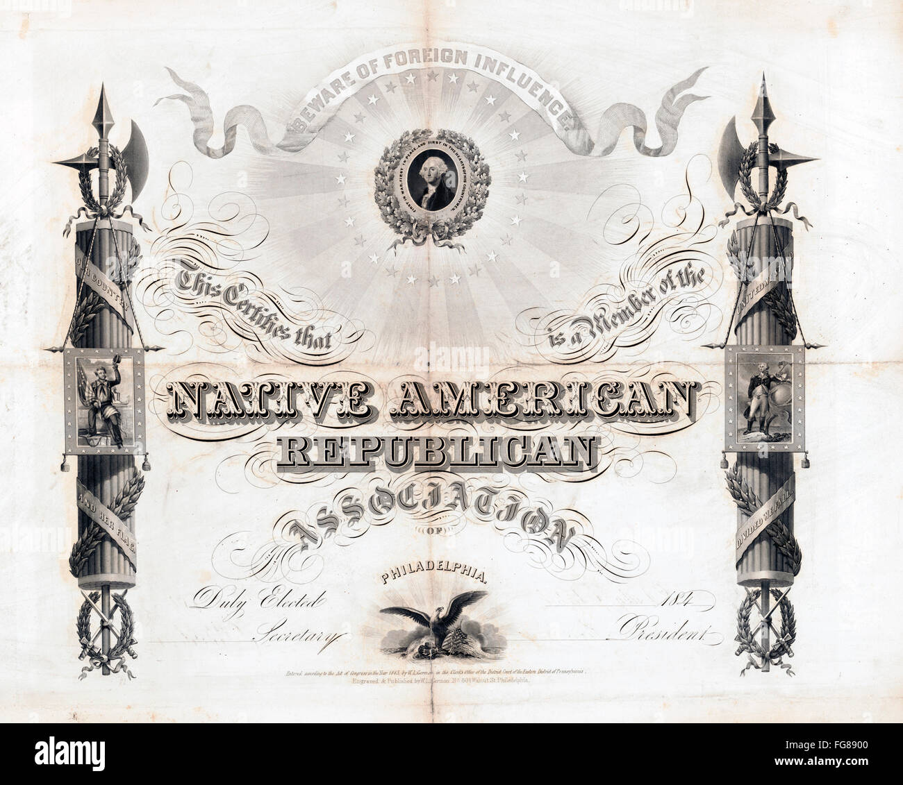NATIVIST CERTIFICATE, c1845. /nMembership certificate for the Native ...