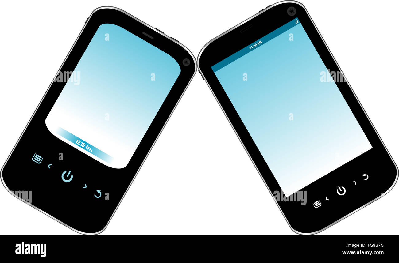 Black mobile smart phone with blue screen isolated on white Stock Photo ...