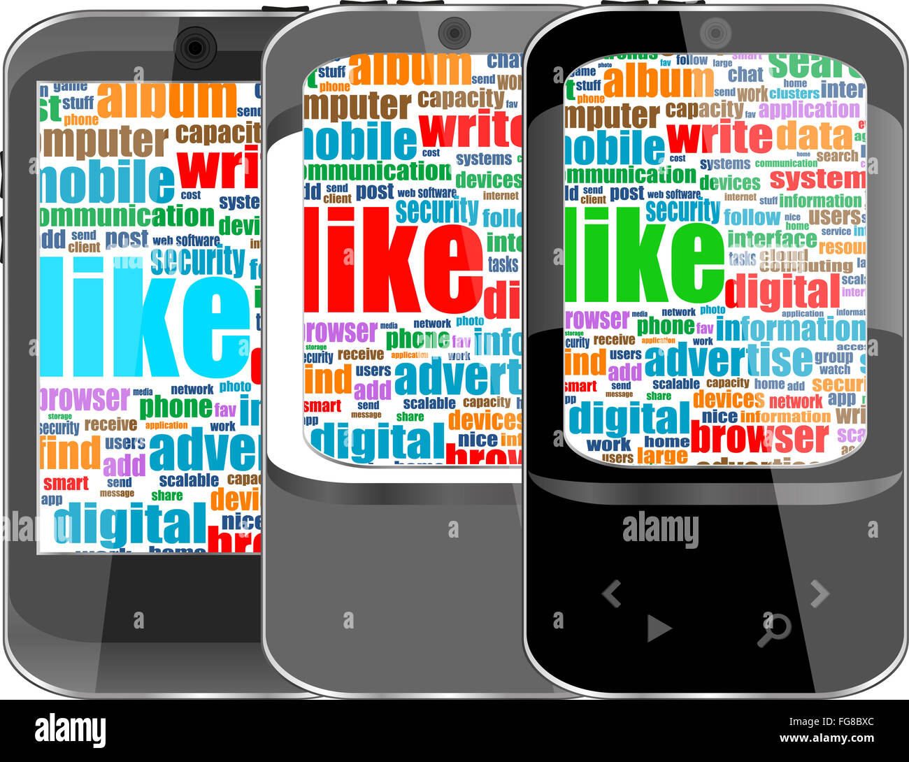 Touchscreen smart phone with social word cloud isolated on white ...