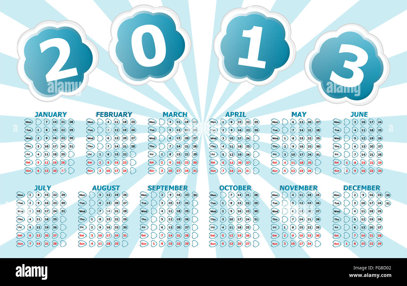 Simple 2013 year calendar with blue sun rays Stock Photo - Alamy