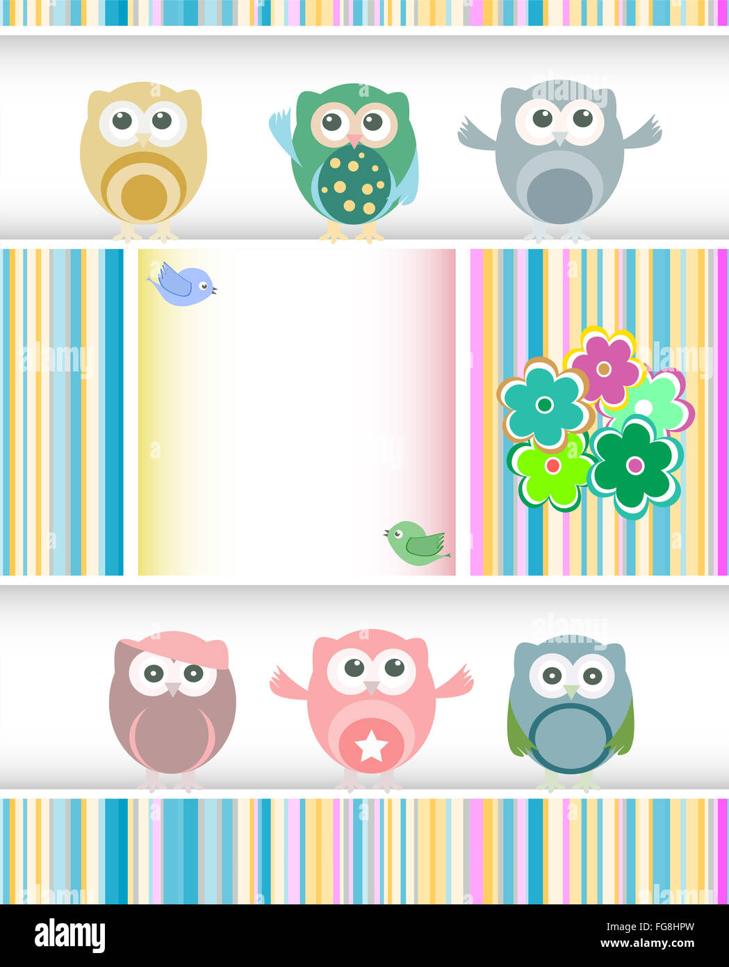 sweet owls, flowers, love hearts and cute birds Stock Photo - Alamy