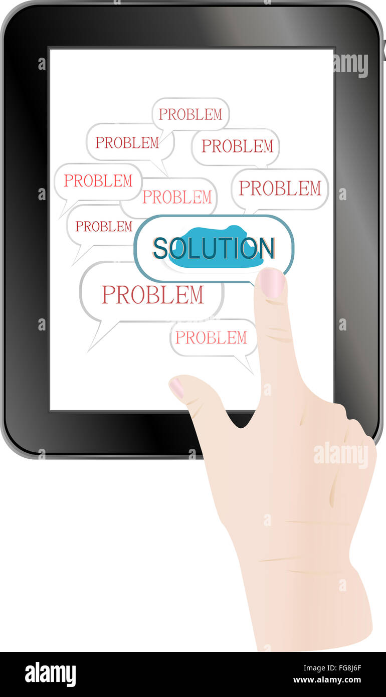 male business hand pushing on solution innovation button Stock Photo ...