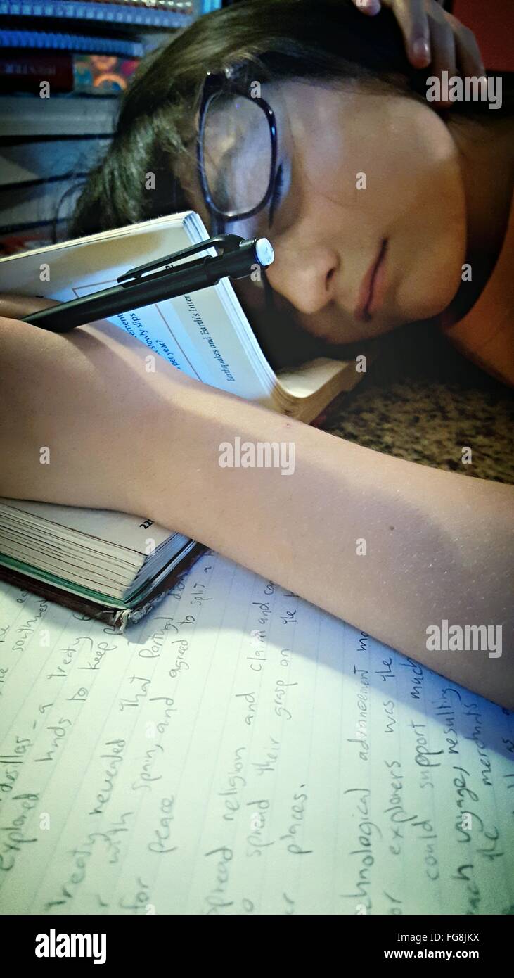 Student Sleeping While Writing Notes Stock Photo - Alamy