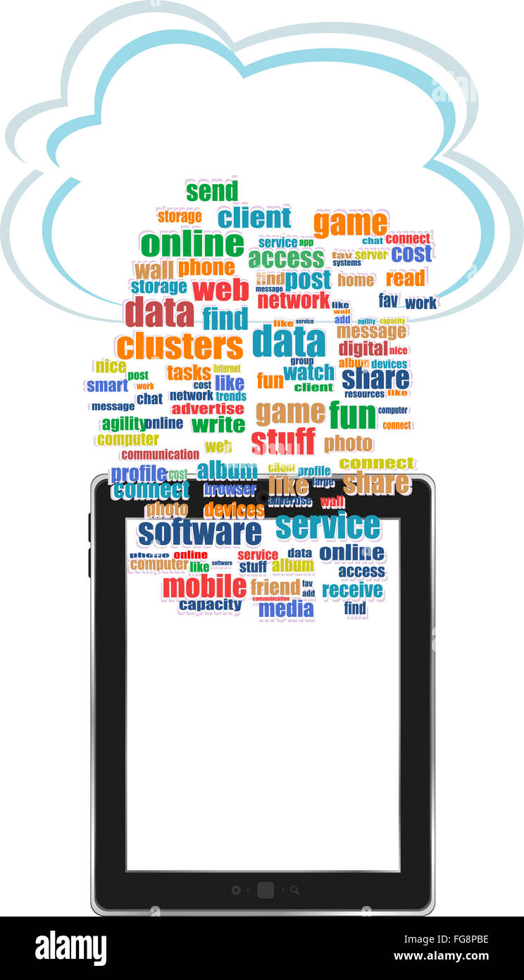 Digital tablet with mobile technology tag cloud concept on screen Stock ...
