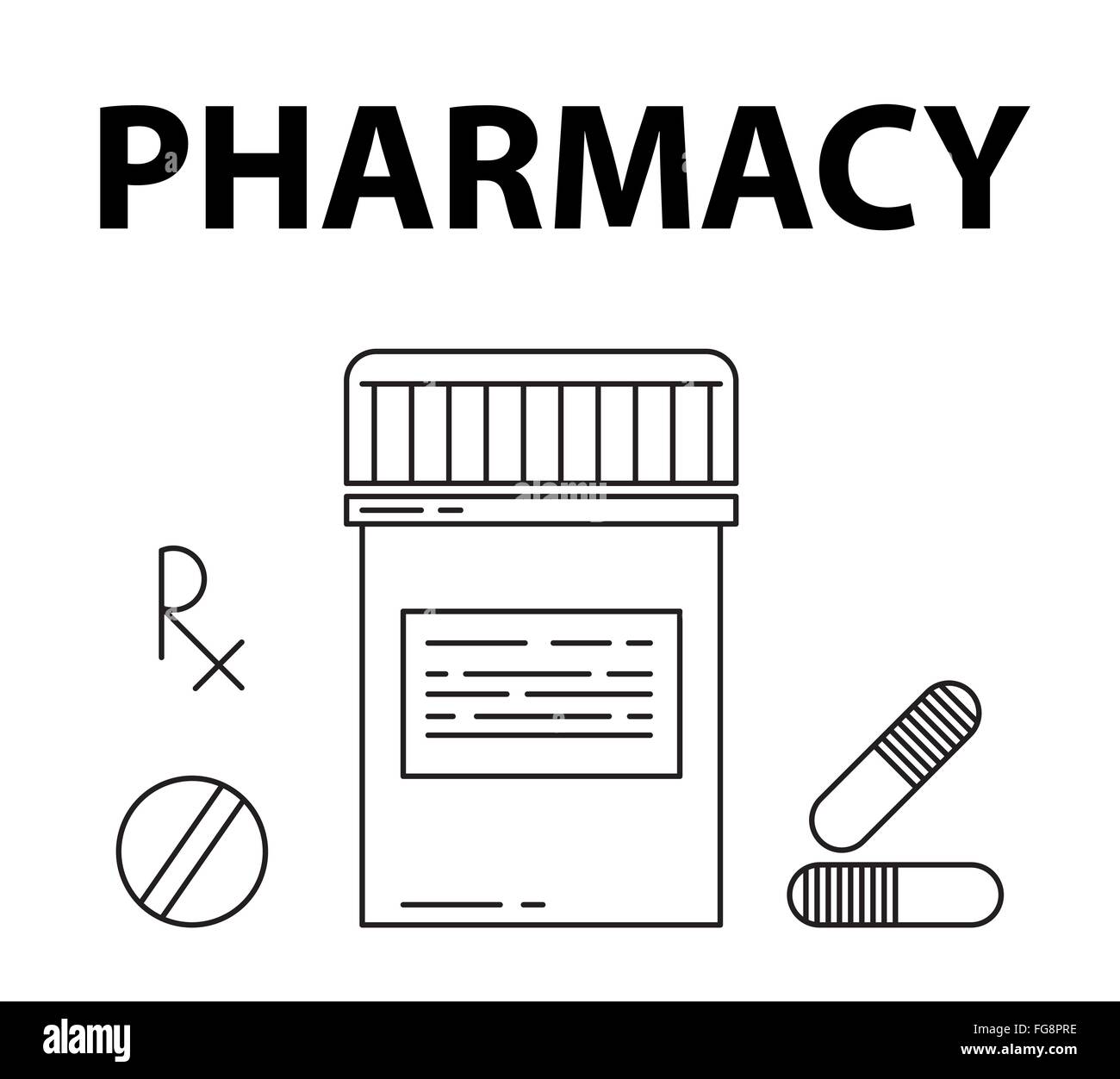 Pharmacy simple style concept. Pills box, prescription rx sign, pills ...