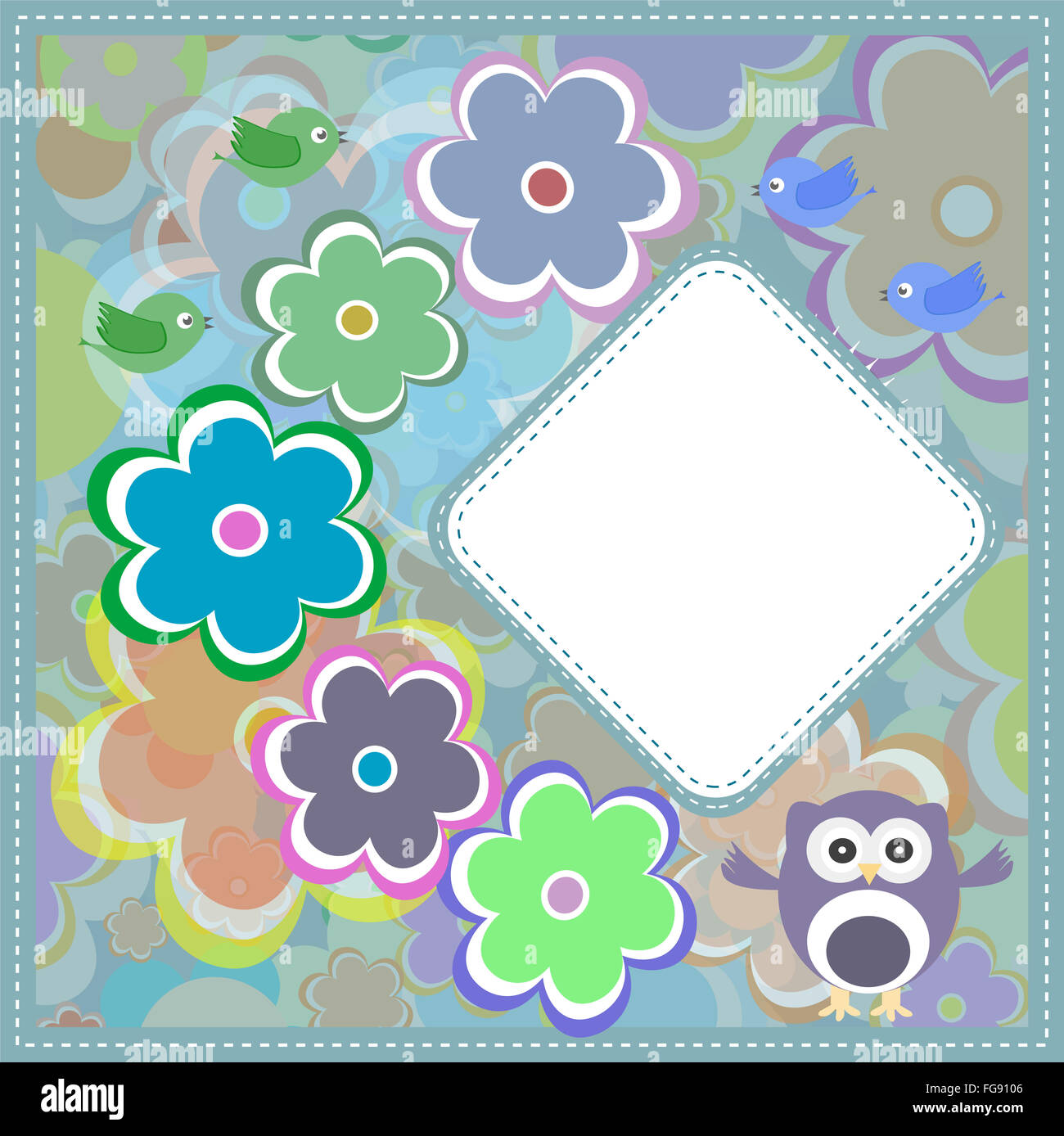 Template greeting card with owls and flowers, scrap illustration Stock ...