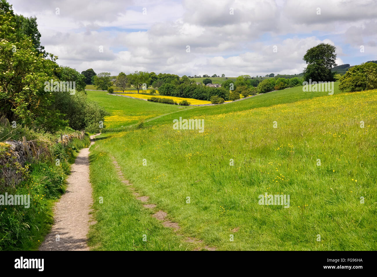 Summer day in the English countryside. A path leads to the village of ...