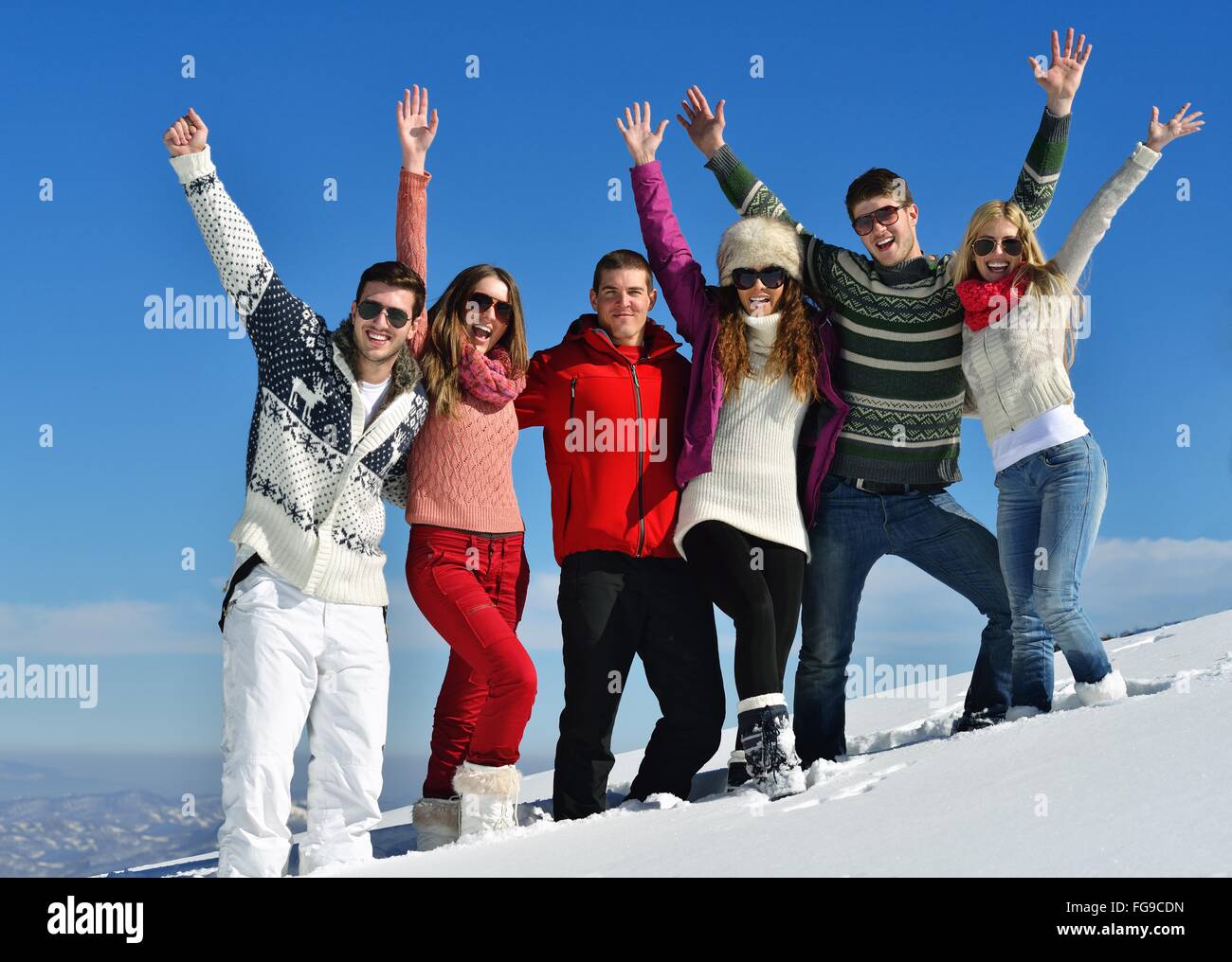 winter fun with young people group Stock Photo - Alamy