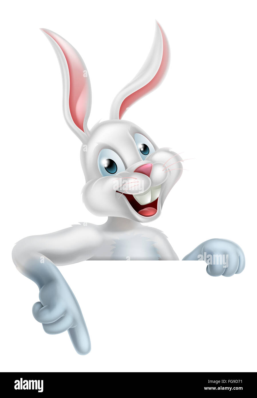 A happy cartoon white bunny rabbit pointing down, could be the Easter ...