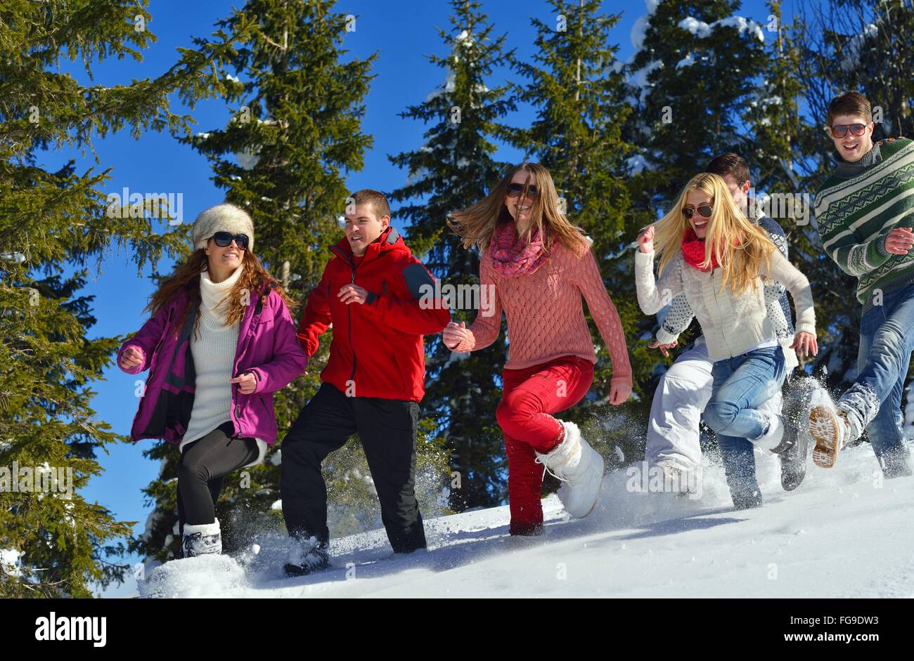 friends have fun at winter on fresh snow Stock Photo - Alamy