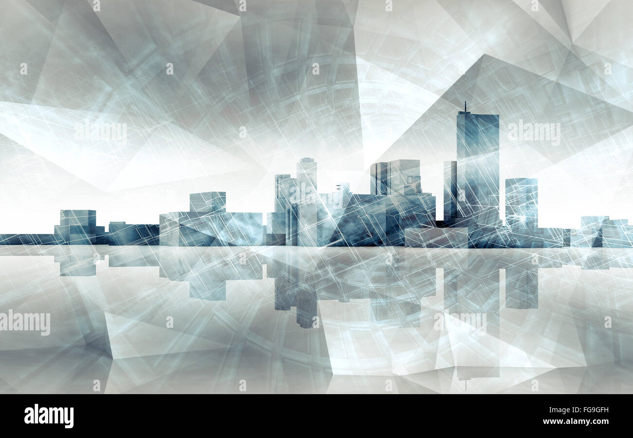 Abstract modern cityscape skyline. Blue toned 3 d illustration with ...