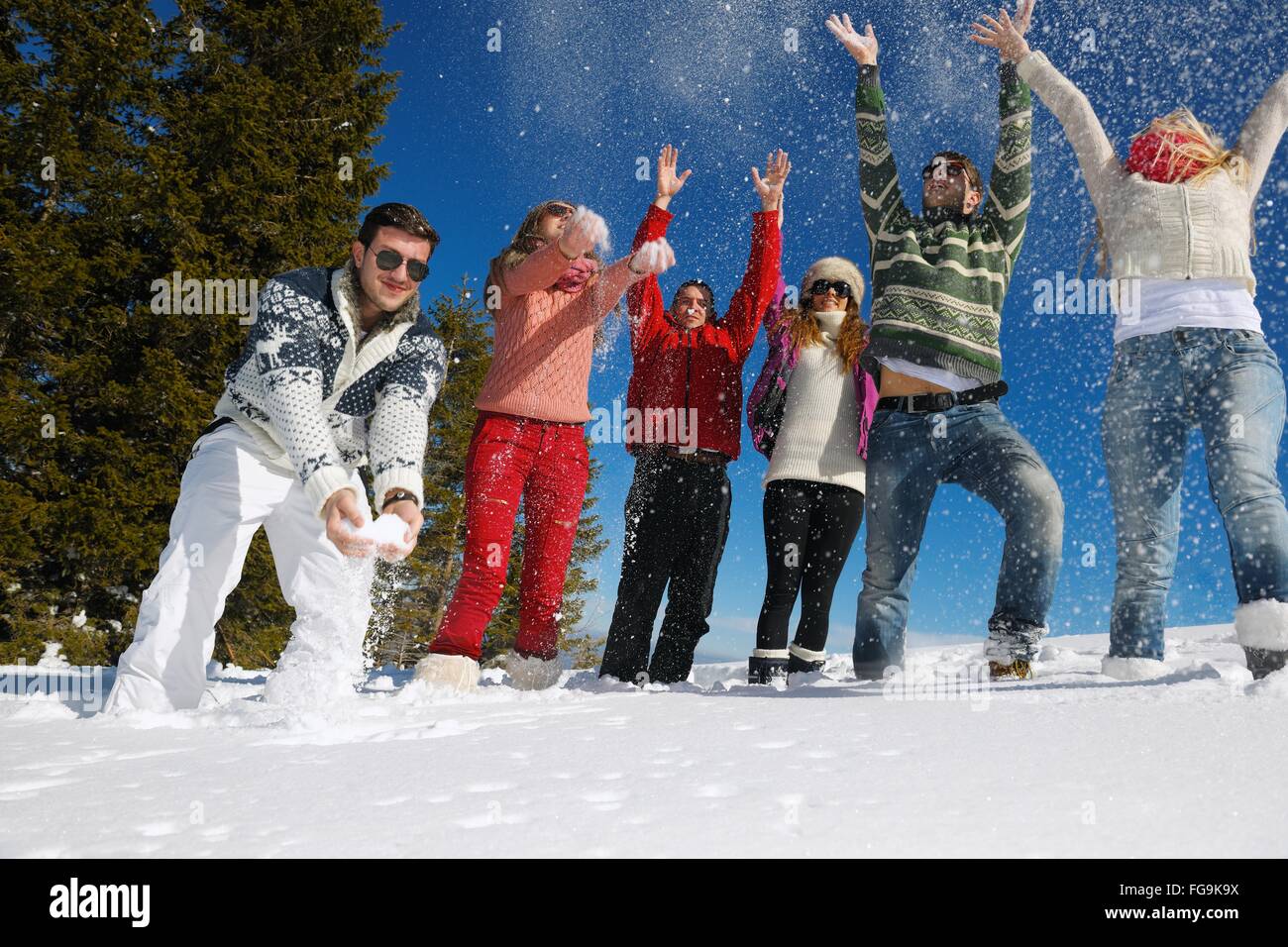 friends have fun at winter on fresh snow Stock Photo - Alamy