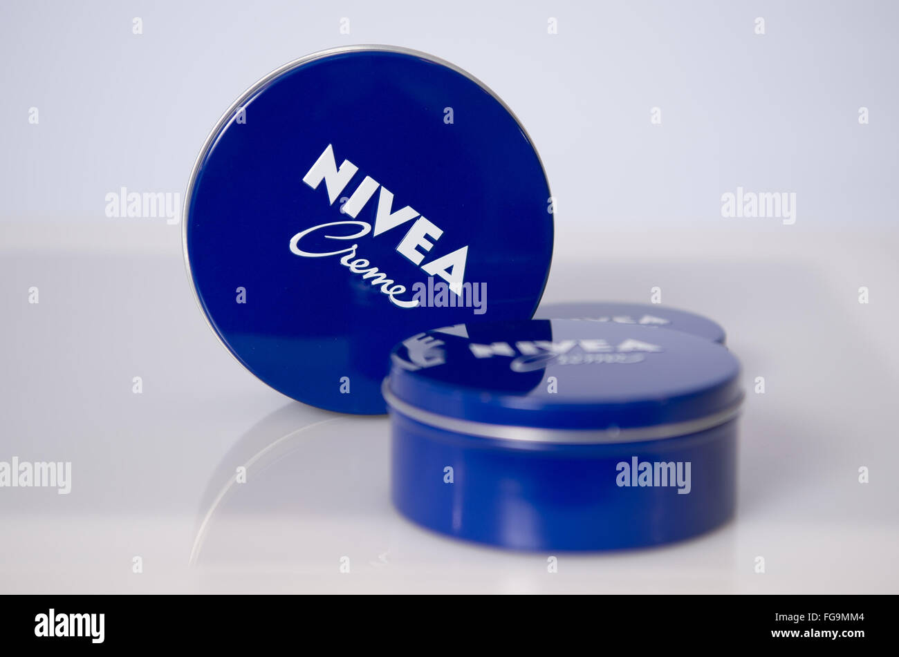 Blue cans of 'Nivea-Creme' lotion of Beiersdorf AG are on display on a ...