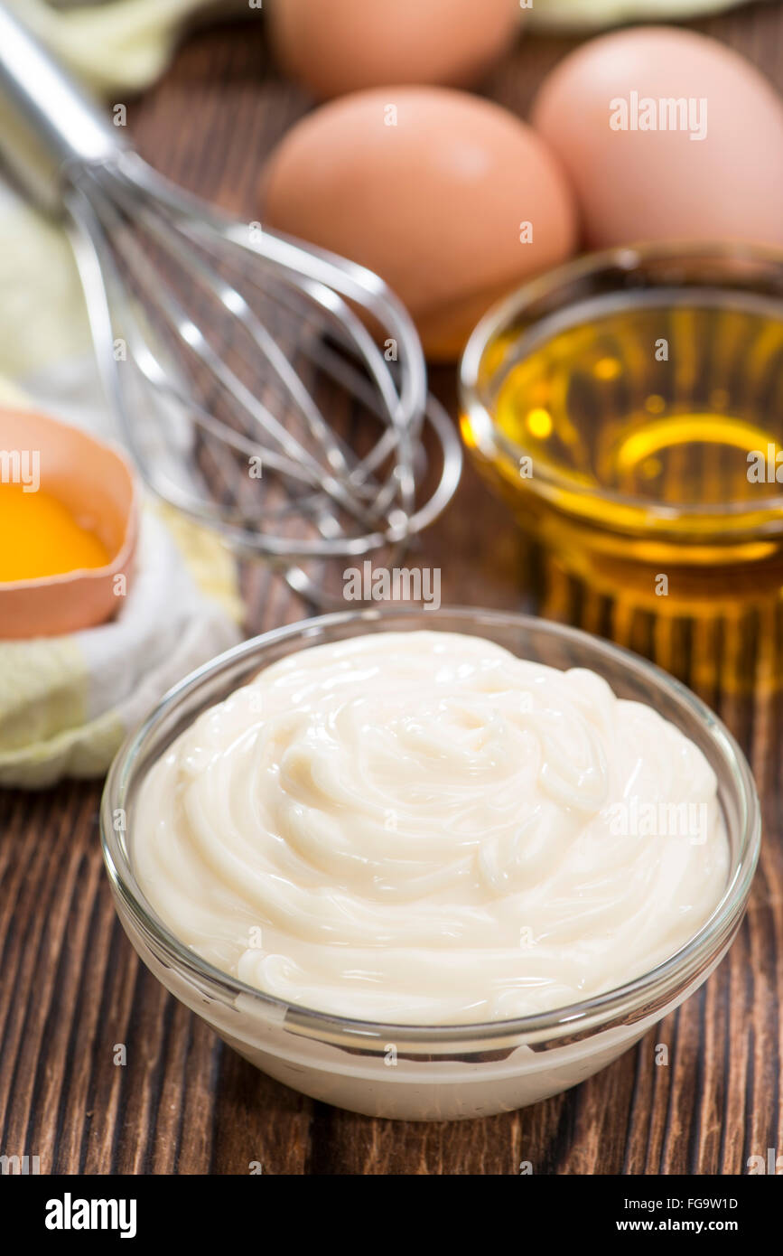 Fresh Mayonnaise (homemade) on an old wooden table Stock Photo - Alamy