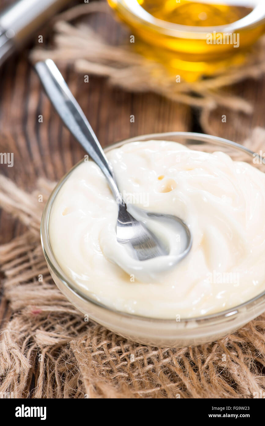 Small portion of fresh homemade Mayonnaise (close-up shot Stock Photo ...