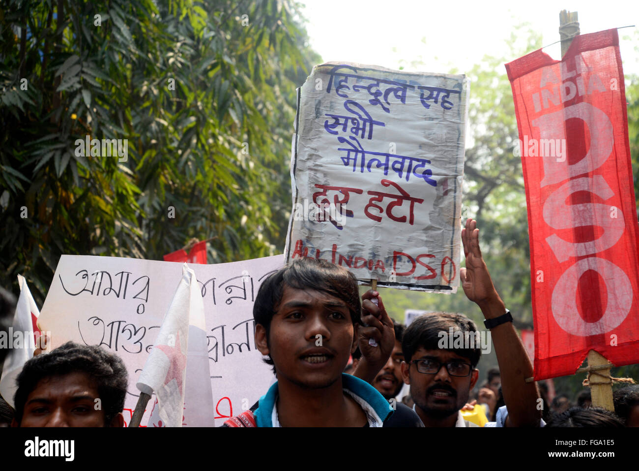 Students raising placards and posters during protest against ABVP ...