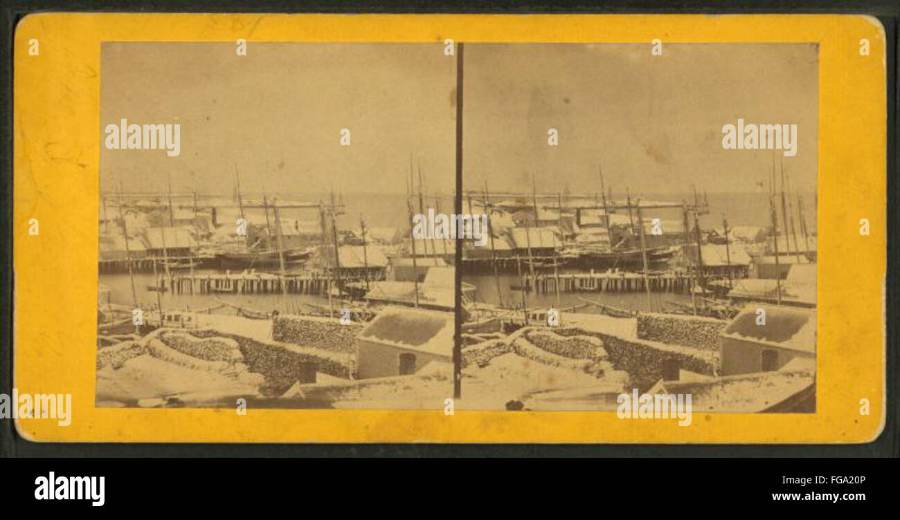 A winter scene of a harbor, captured in a stereoscopic photograph ...
