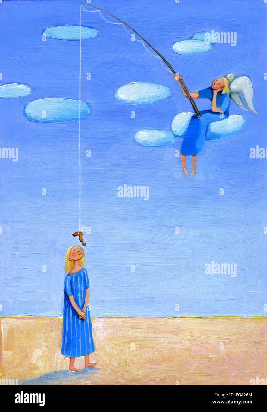 an angel fish with a question mark and a girl looks at him Stock Photo ...