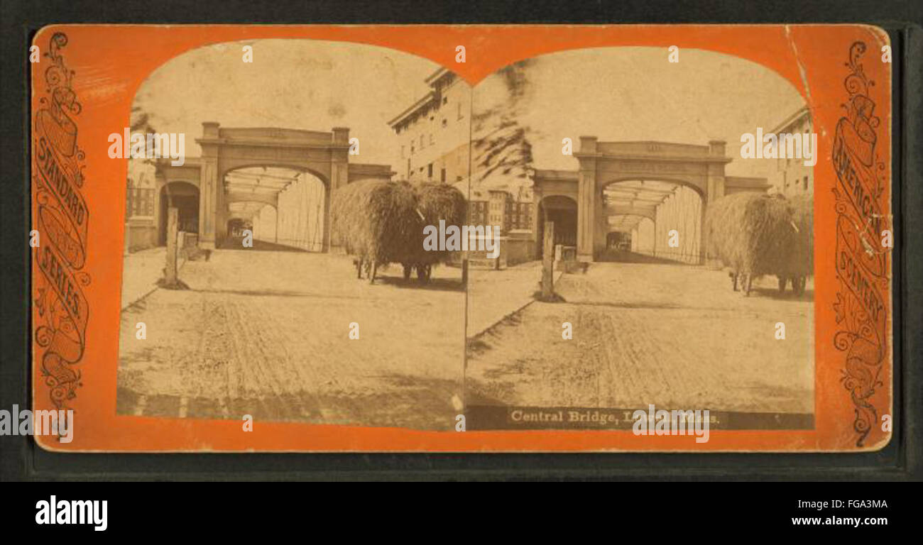 This stereoscopic image shows the Central Bridge in Lowell ...