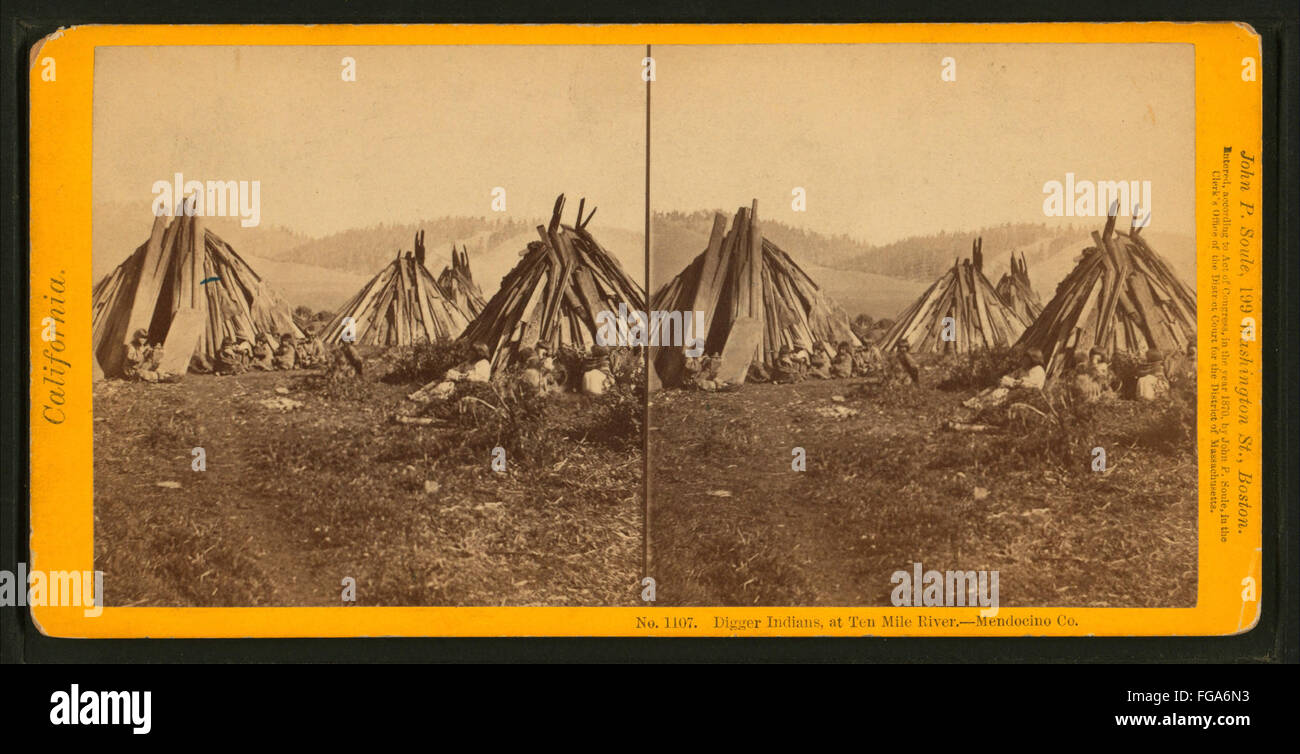 A stereoscopic photograph showing the Digger Indians at Ten Mile River ...