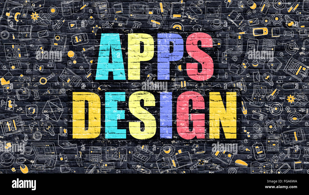 Multicolor Apps Design on Dark Brickwall. Doodle Style Stock Photo - Alamy