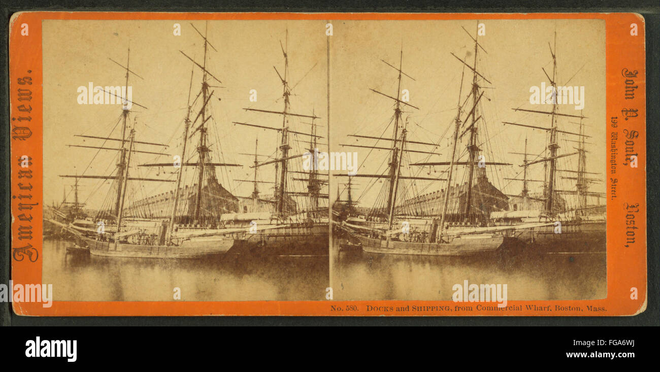 A photograph of docks and shipping at the commercial wharf in Boston ...