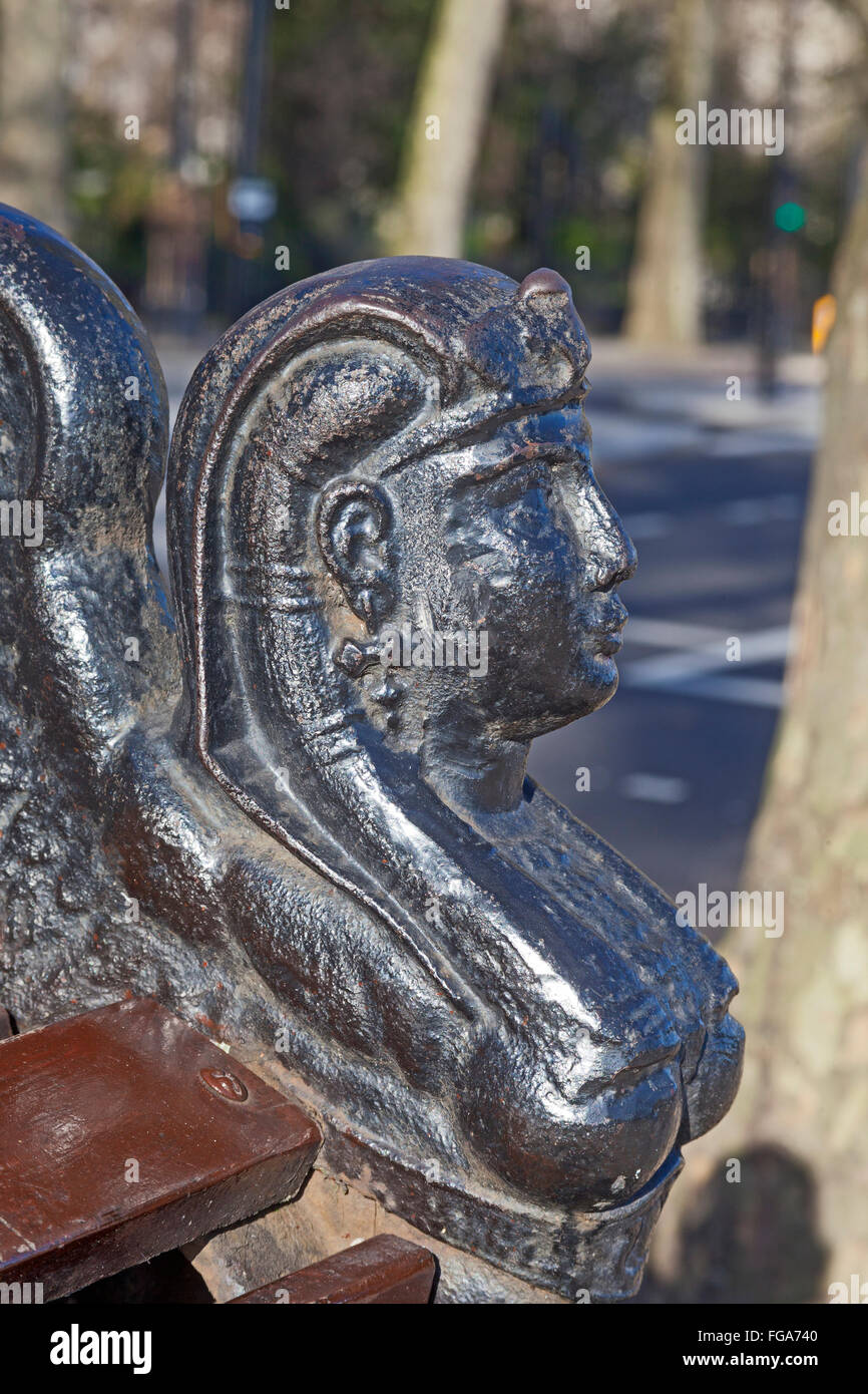 London, Westminster A sphinx bench-end on the Victoria Embankment Stock ...