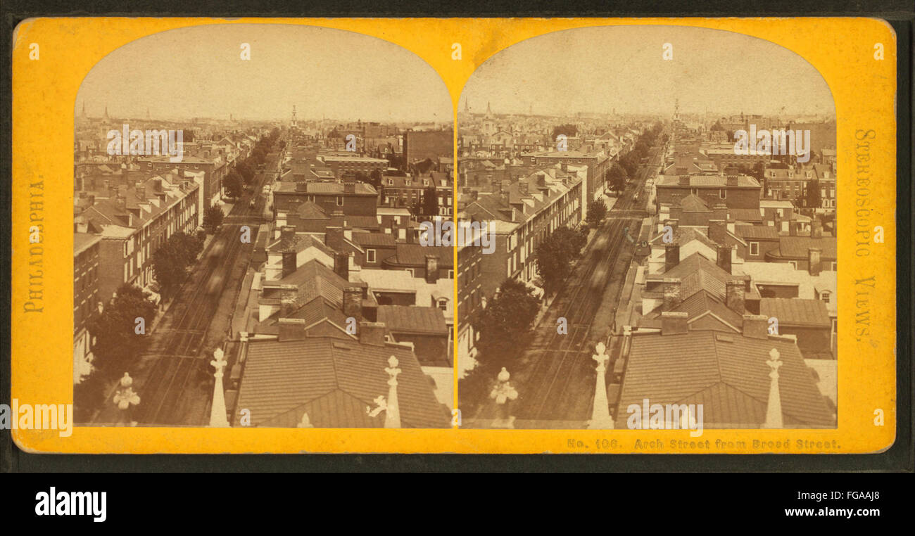 A stereoscopic photograph capturing a view of Arch Street from Broad ...