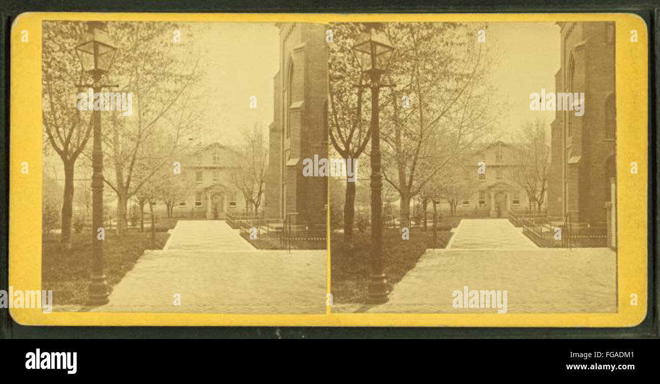 This stereoscopic photograph captures the view in front of a chapel ...