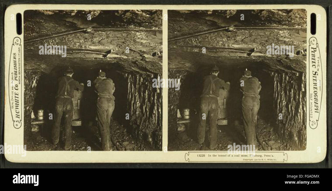A stereoscopic photograph taken inside a coal mine tunnel in Pittsburg ...