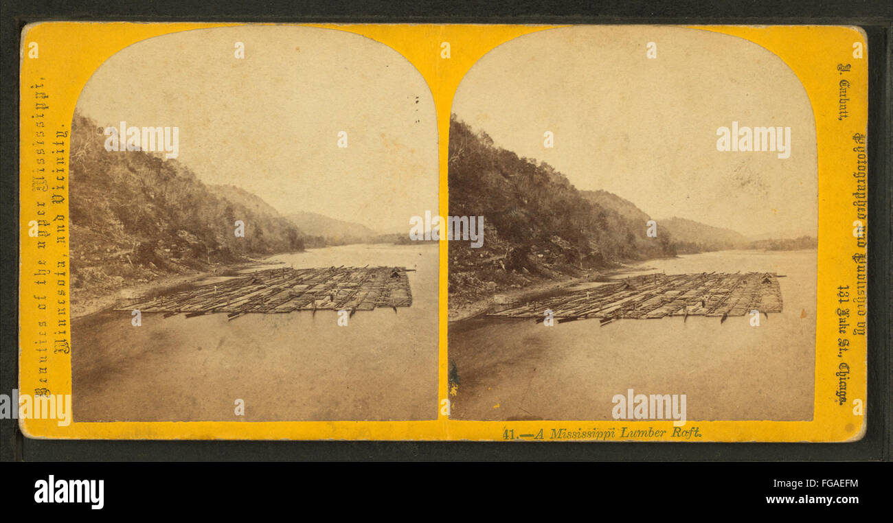 A photograph by John Carbutt showing a lumber raft on the Mississippi ...