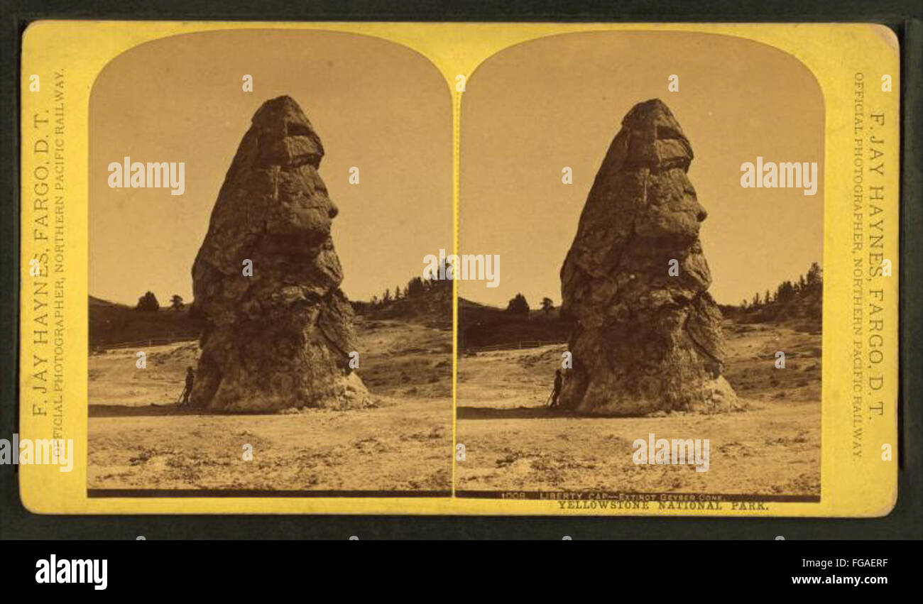 A photograph by F. Jay Haynes showing the extinct Liberty Cap geyser ...