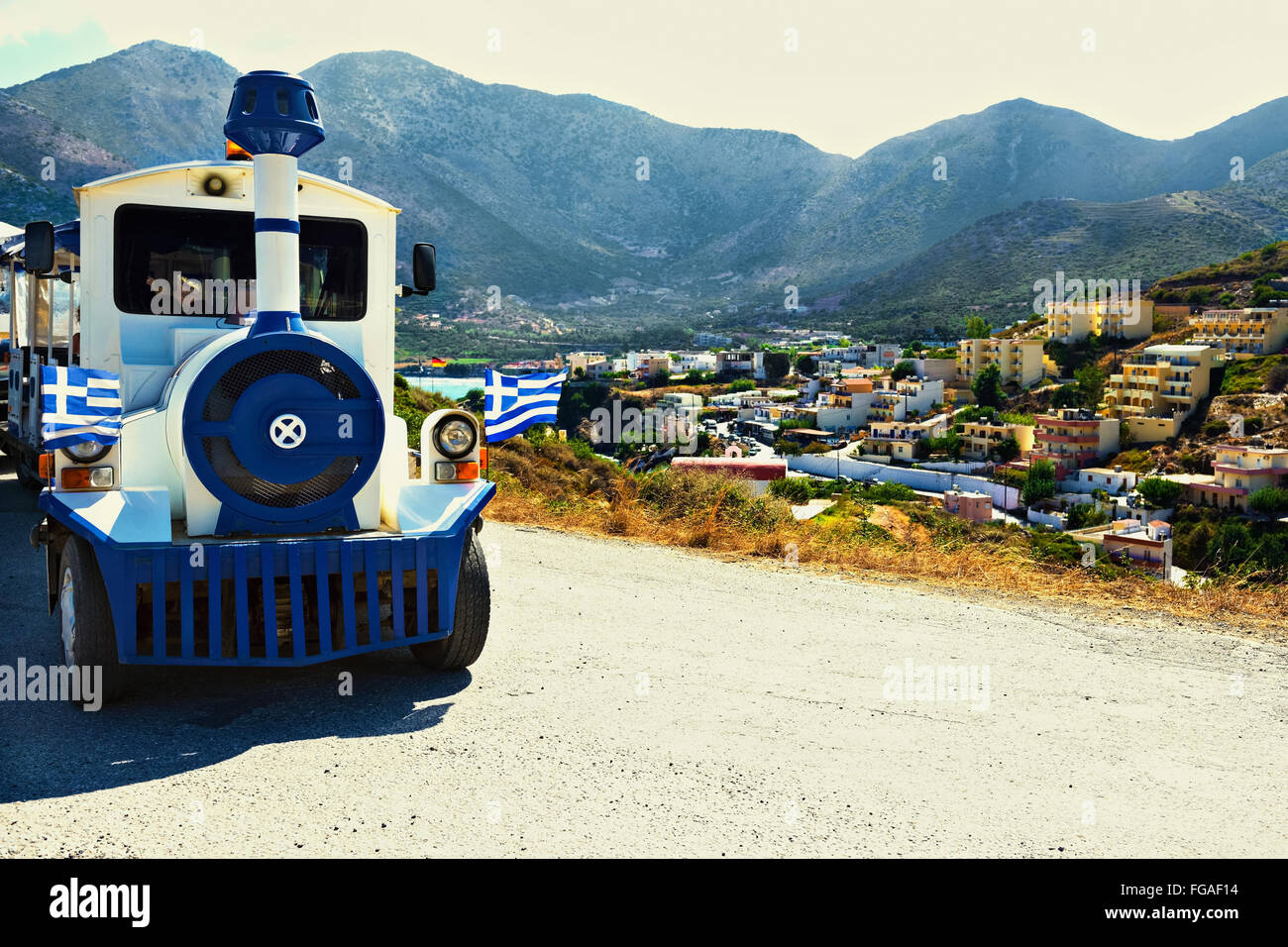 Tourist train in Greece Stock Photo - Alamy